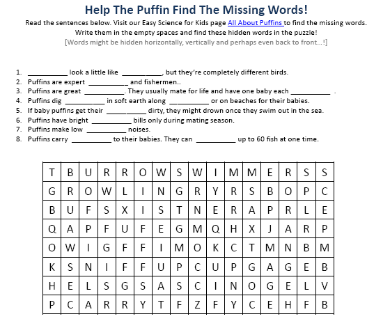 Puffins Worksheet - Free Science Worksheets for Grammar School Kids