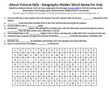 Victoria Falls Worksheet - Free Printable Find the Words Puzzle